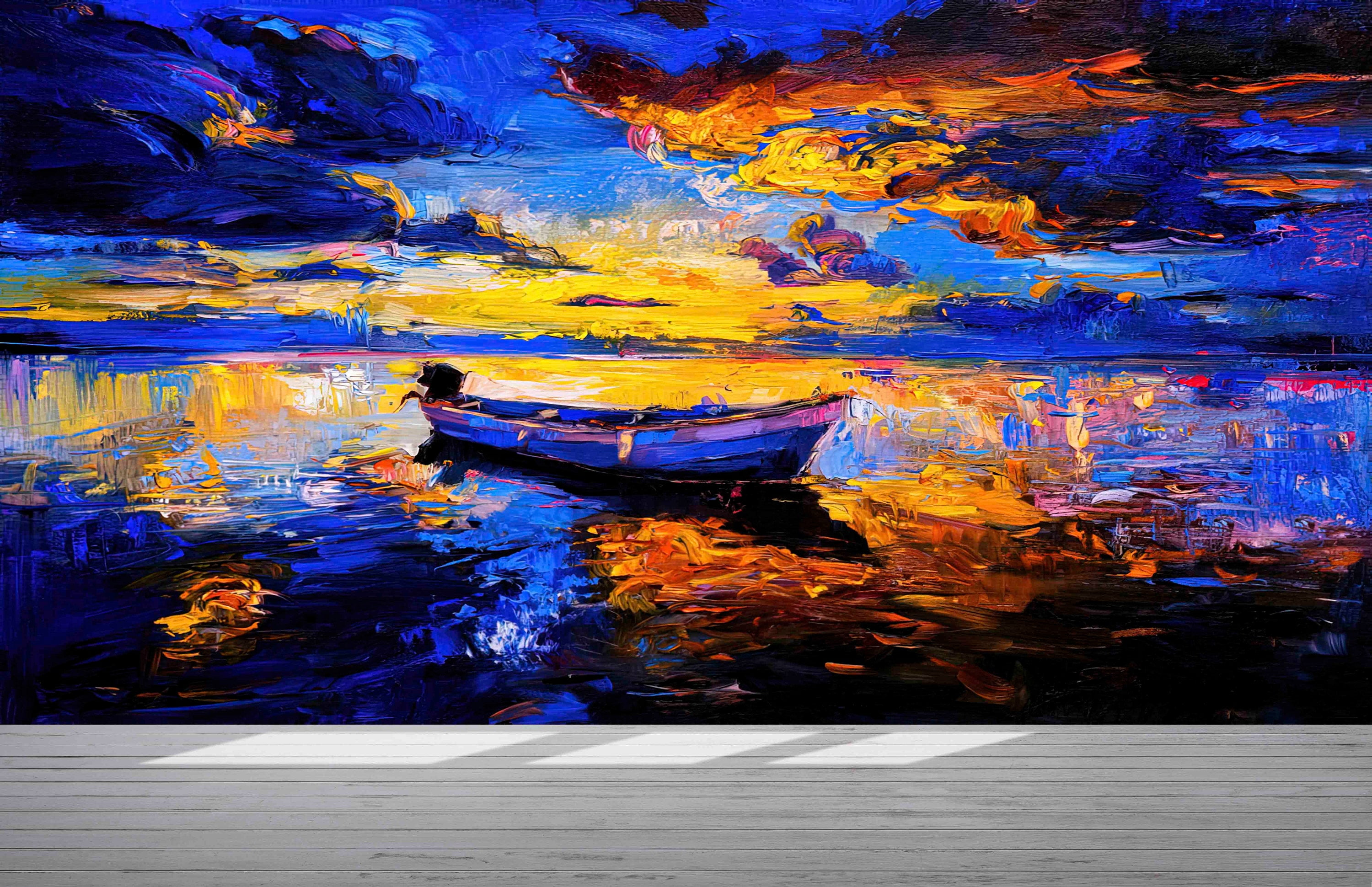 Bright Wallpaper, Blue Wall Decor, Boat Wall Decor, Abstract Sea ...