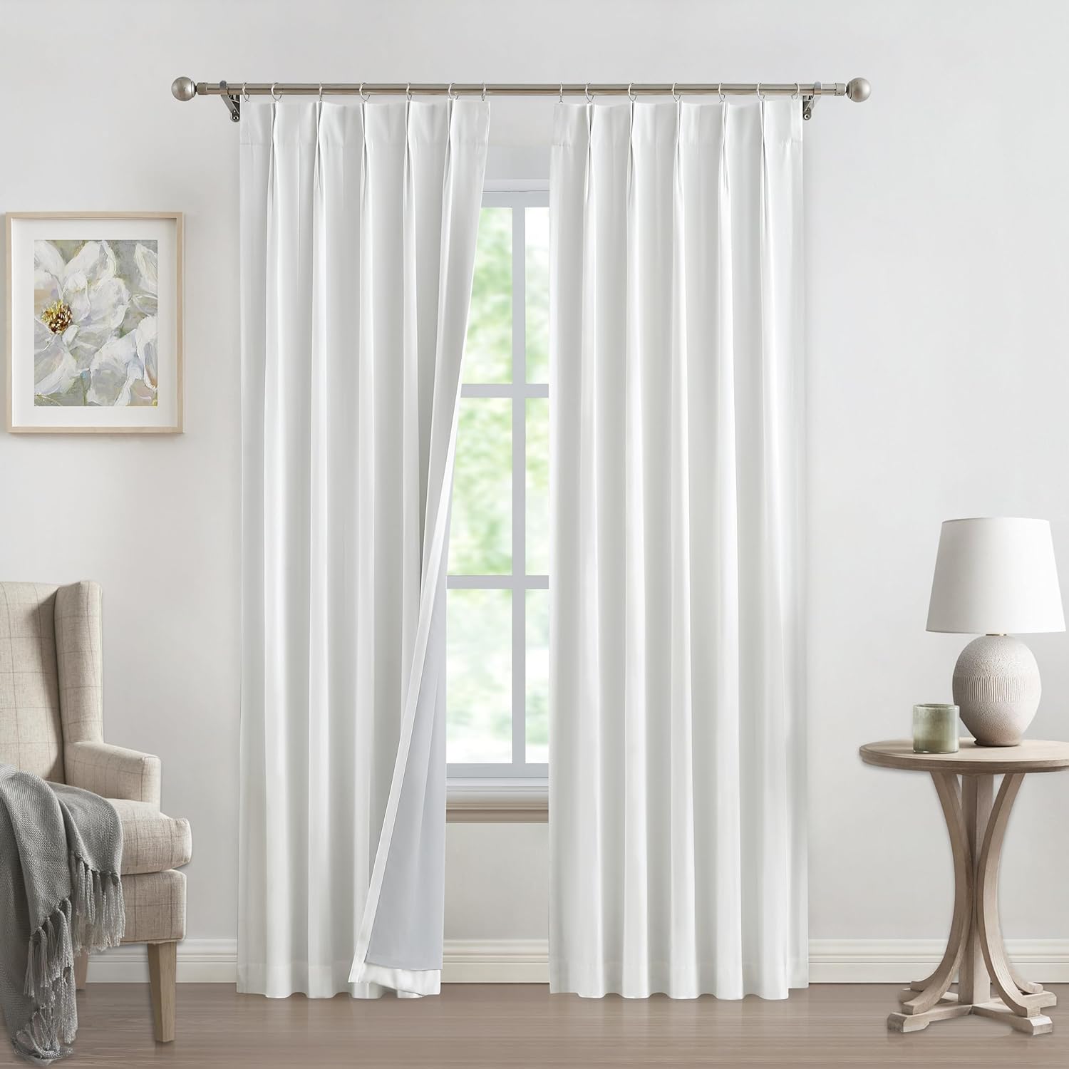 Bright White 108 Pinch Pleated 100 Blackout Curtains With Liner 9 Feet ...