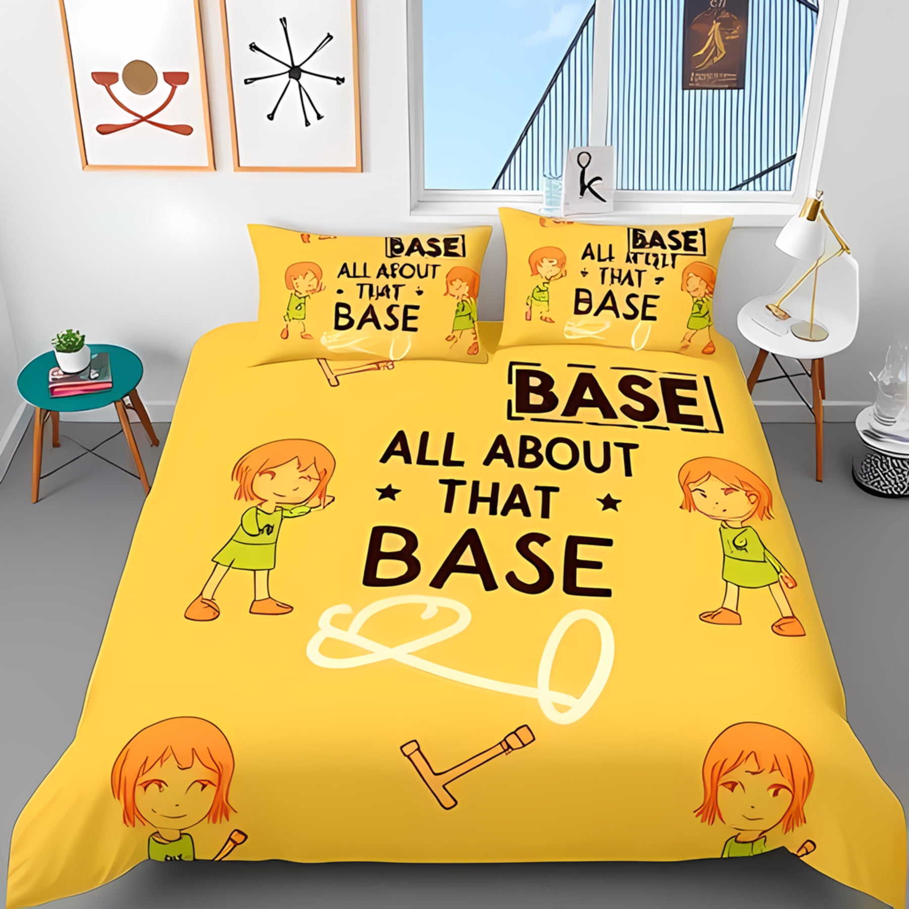 Bright Yellow 3-Piece Duvet Cover Set with Playful Cartoon Characters ...