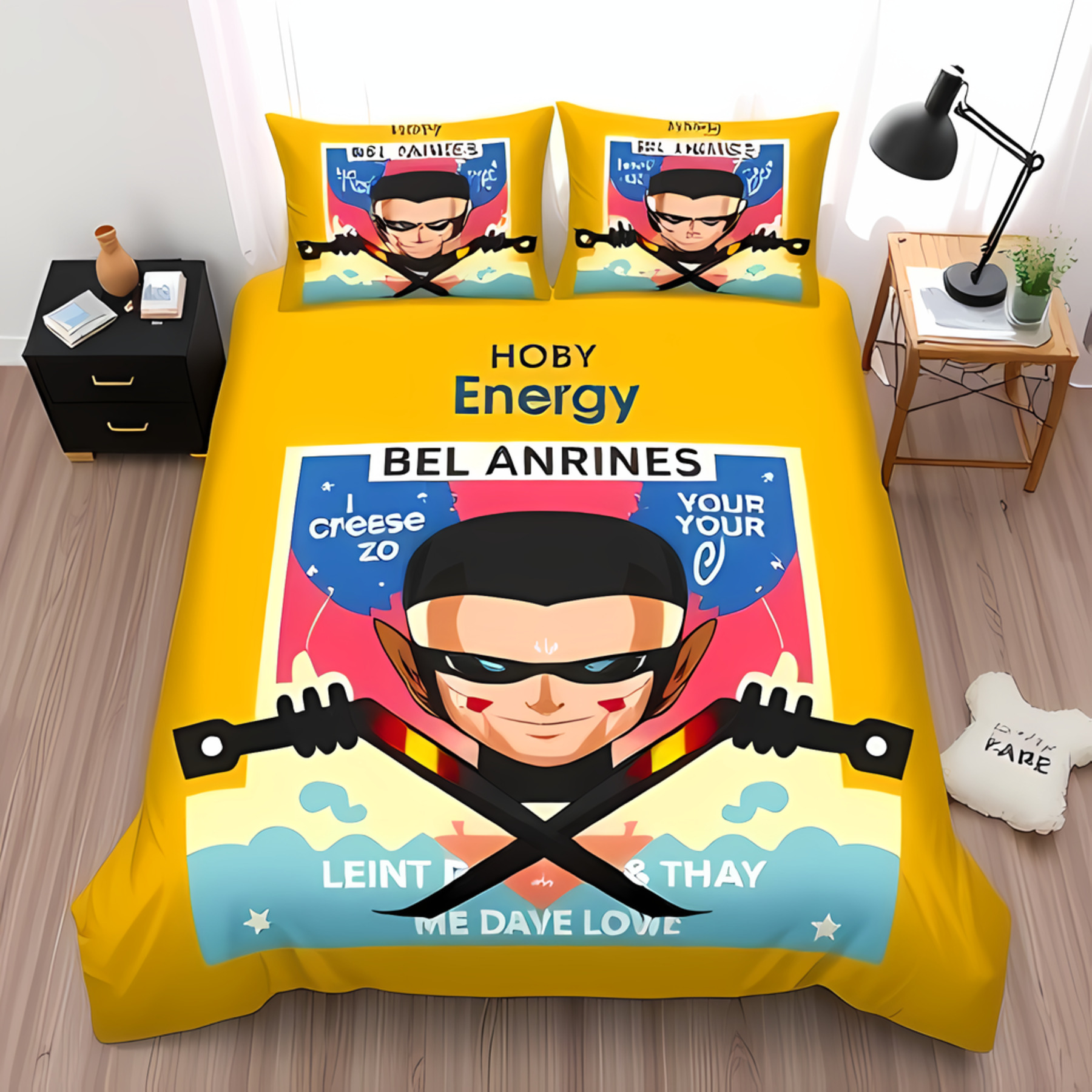 Bright Yellow 3-Piece Duvet Cover Set with Cartoon Character Colorful ...