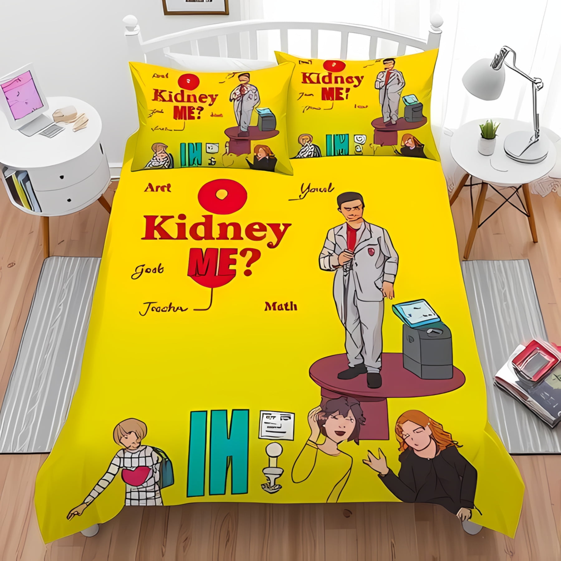 Bright Yellow 3-Piece Duvet Cover Set with Cartoon Lab Scene Featuring ...