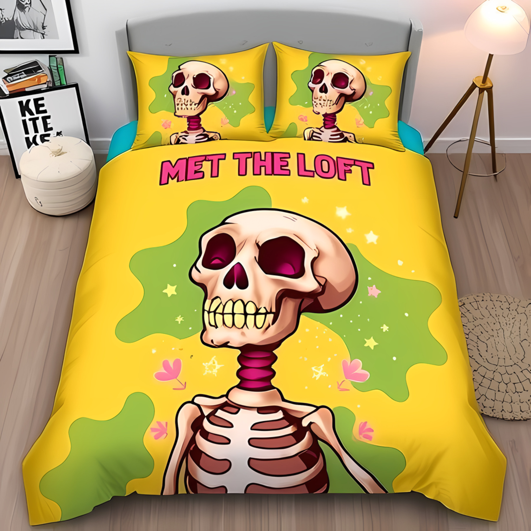 Bright Yellow 3-Piece Duvet Cover Set with Cartoon Skeleton Stars ...