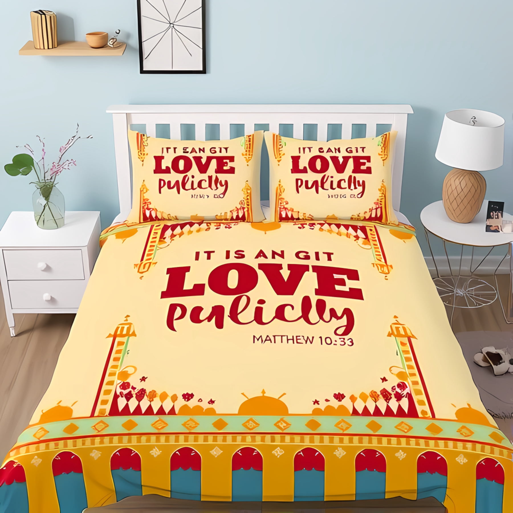 Bright Yellow 3-Piece Duvet Cover Set with Love Message & Playful ...