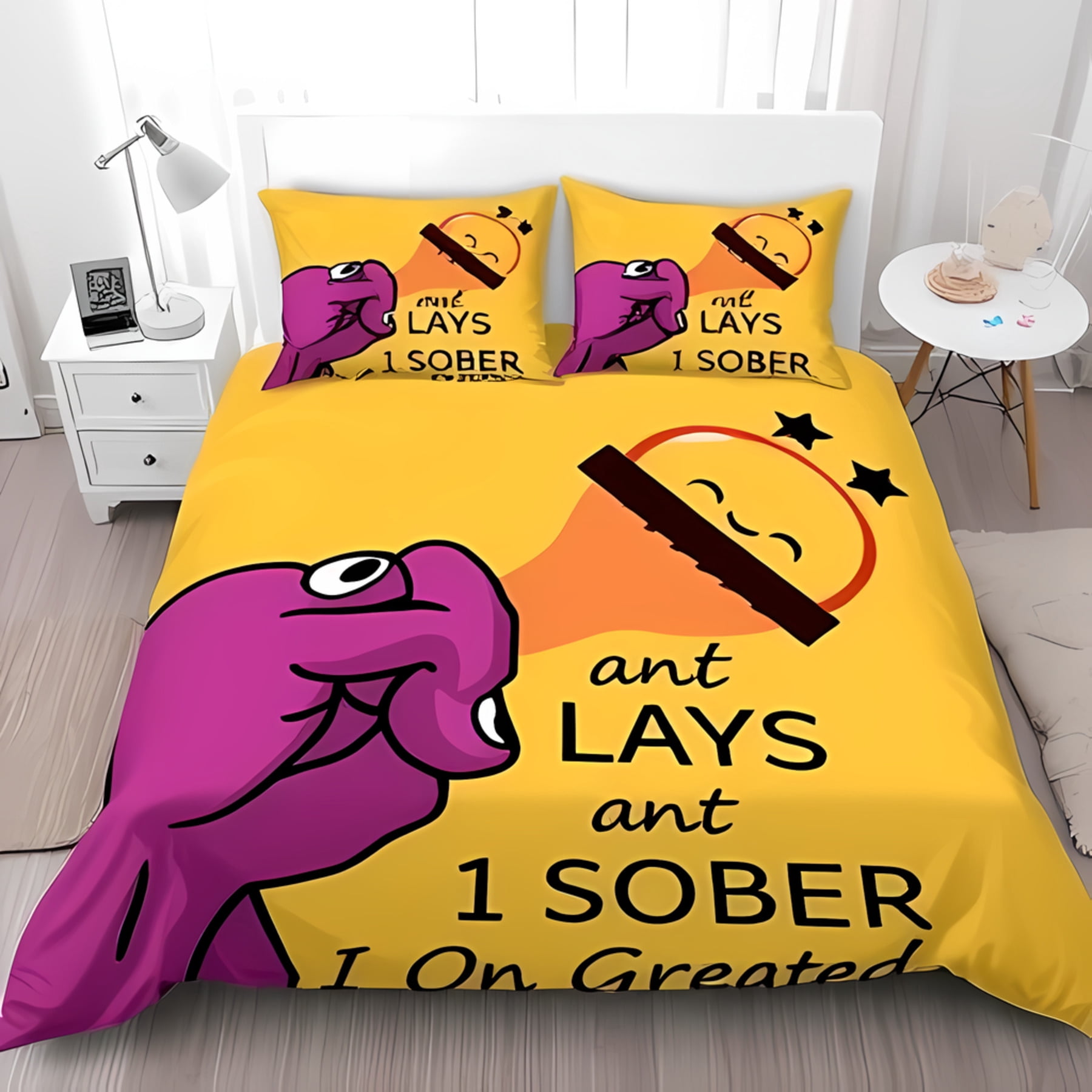 Bright Yellow 3-Piece Duvet Cover Set with Playful Purple Design - Fun ...
