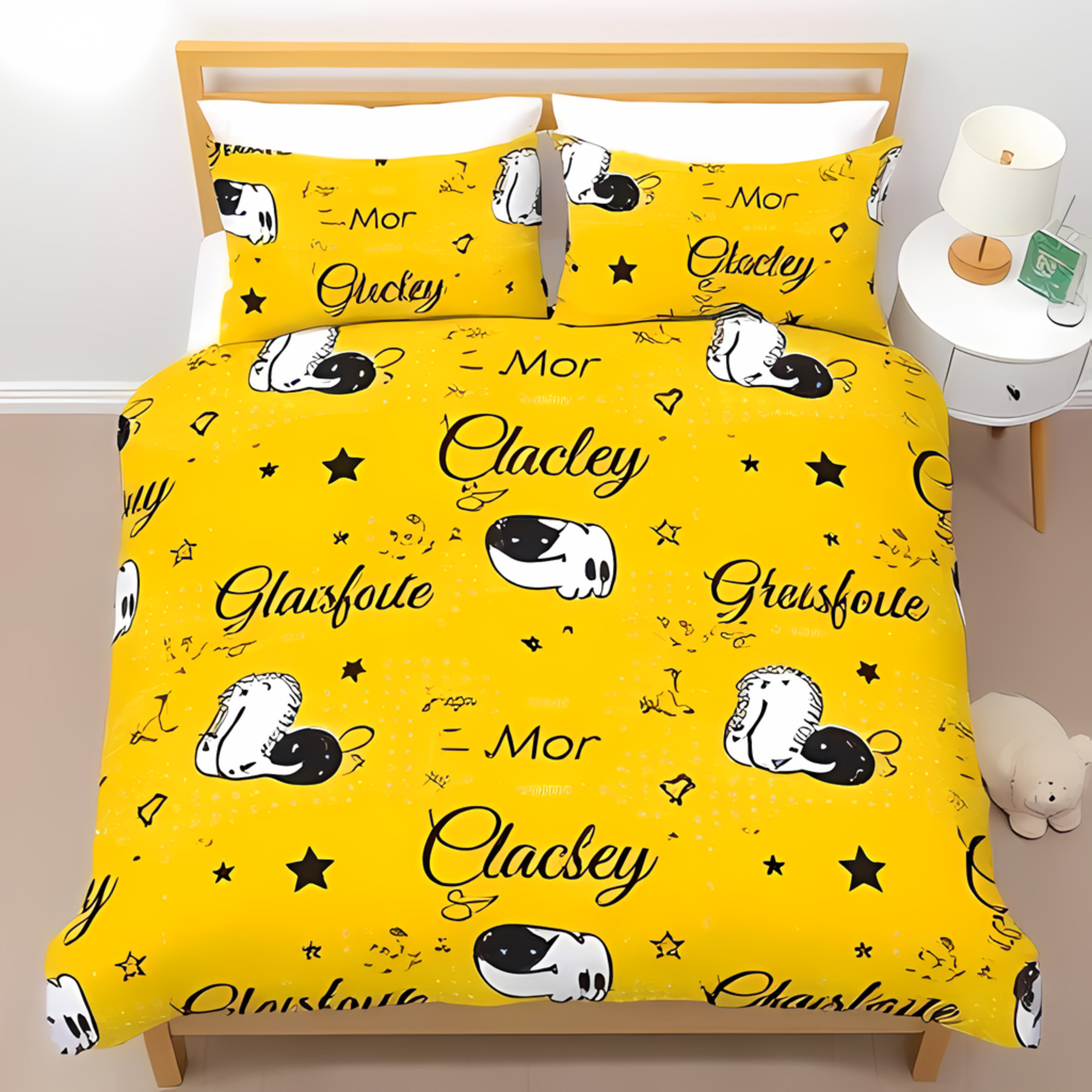 Bright Yellow 3-Piece Duvet Cover Set with Spiky Creatures & Stars Fun ...