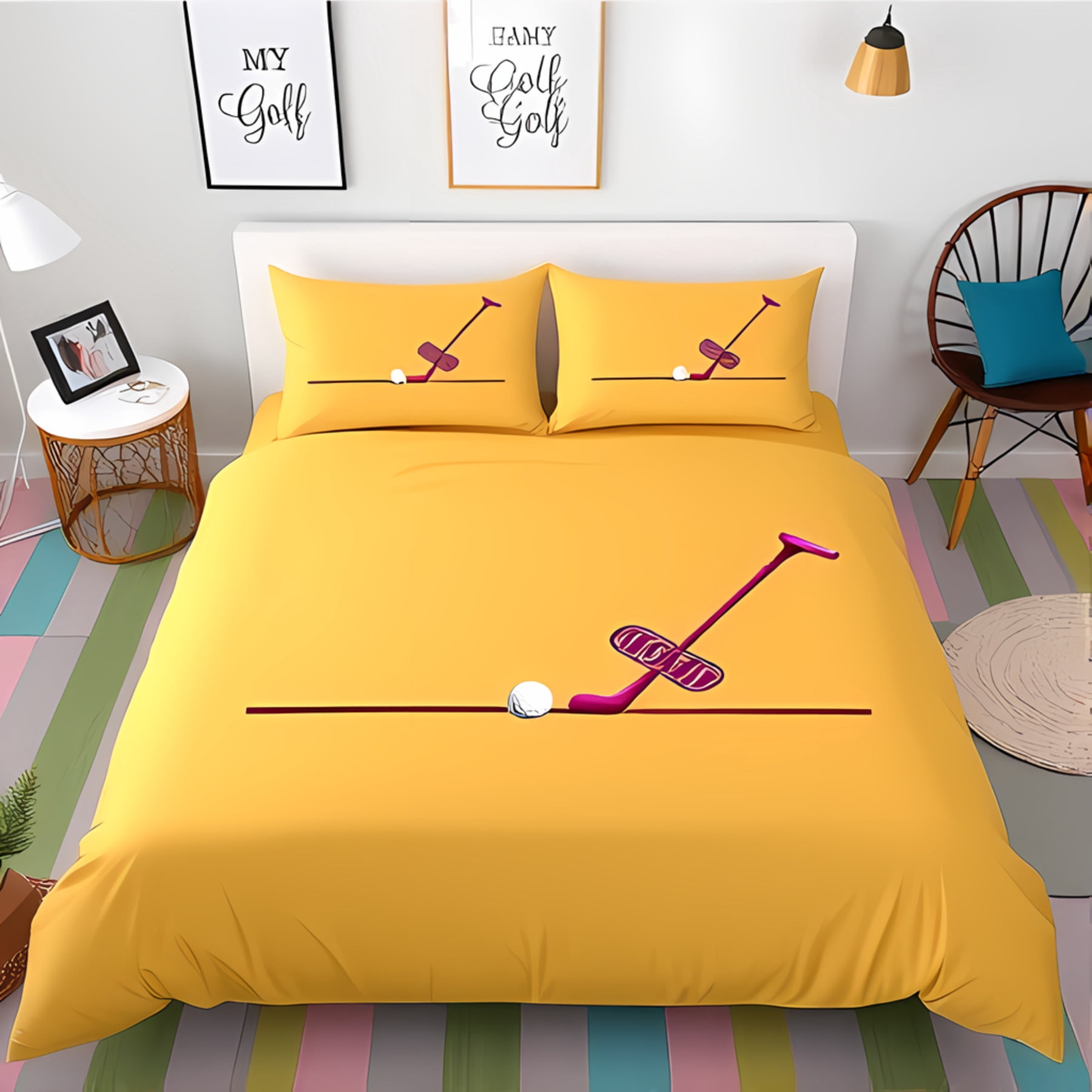 Bright Yellow 3-Piece Golf Themed Duvet Cover Set with Whimsical Design ...