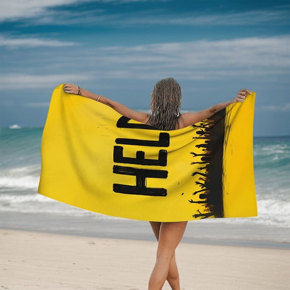 Bright Yellow Beach Towel with Bold Black ' HELD ' Text & Silhouette of ...