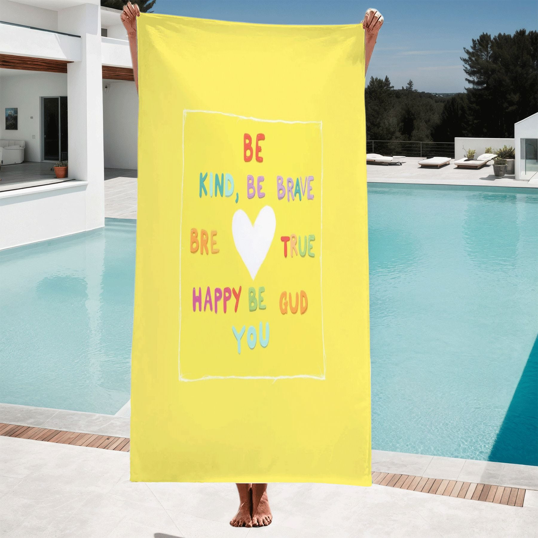 Bright Yellow Beach Towel with Colorful ' Be Kind Be Brave ' Text ...