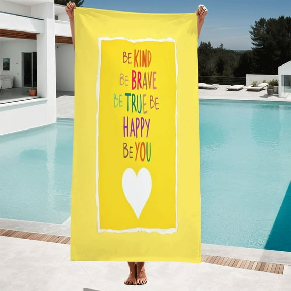Bright Yellow Beach Towel with Inspirational Text: ' BE KIND BE BRAVE ...