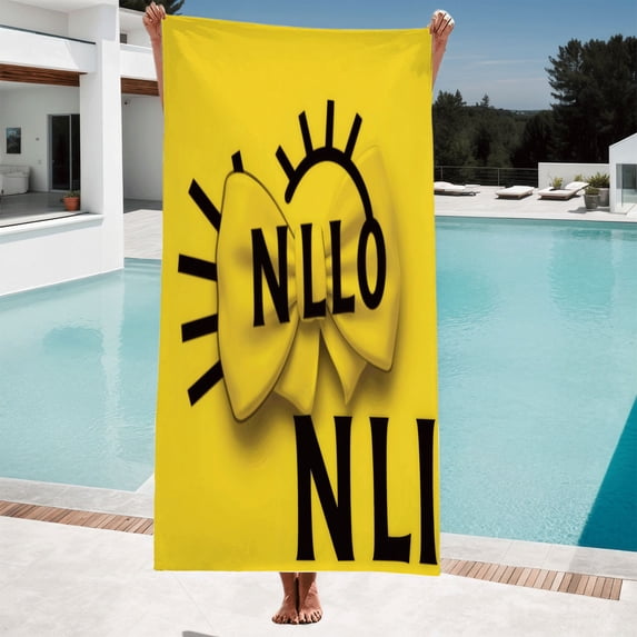 Bright Yellow Beach Towel with Radiant Sun Design - Bold ' NLLO ' Text ...