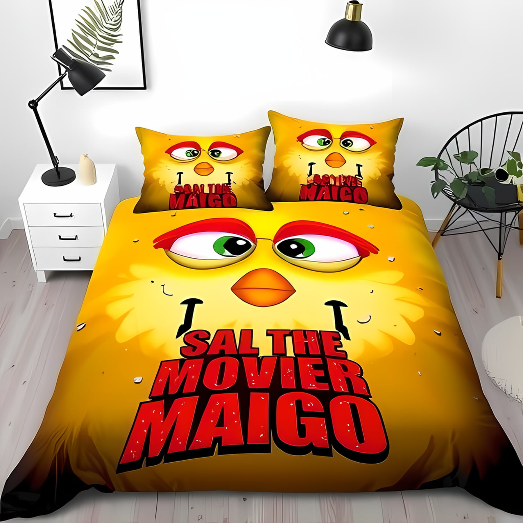 Bright Yellow Cartoon Chick 3-Piece Duvet Cover & Pillowcase Set - Fun ...