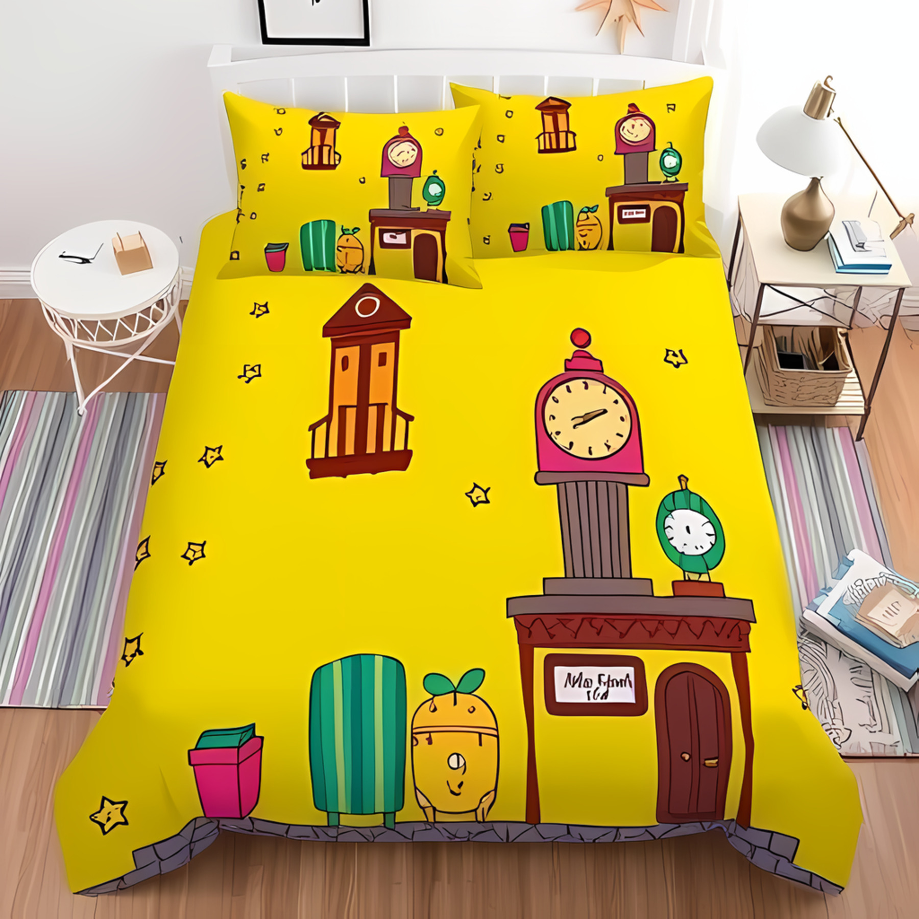 Bright Yellow Cartoon Town Bedding Set Whimsical Design with Pillows ...