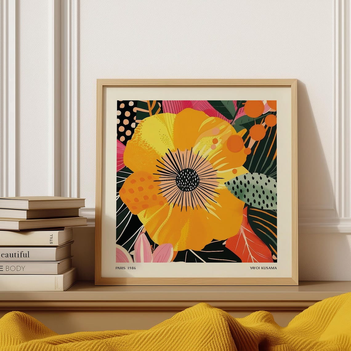 Bright Yellow Floral Wall Art Kusama-Inspired Square Print For Modern ...
