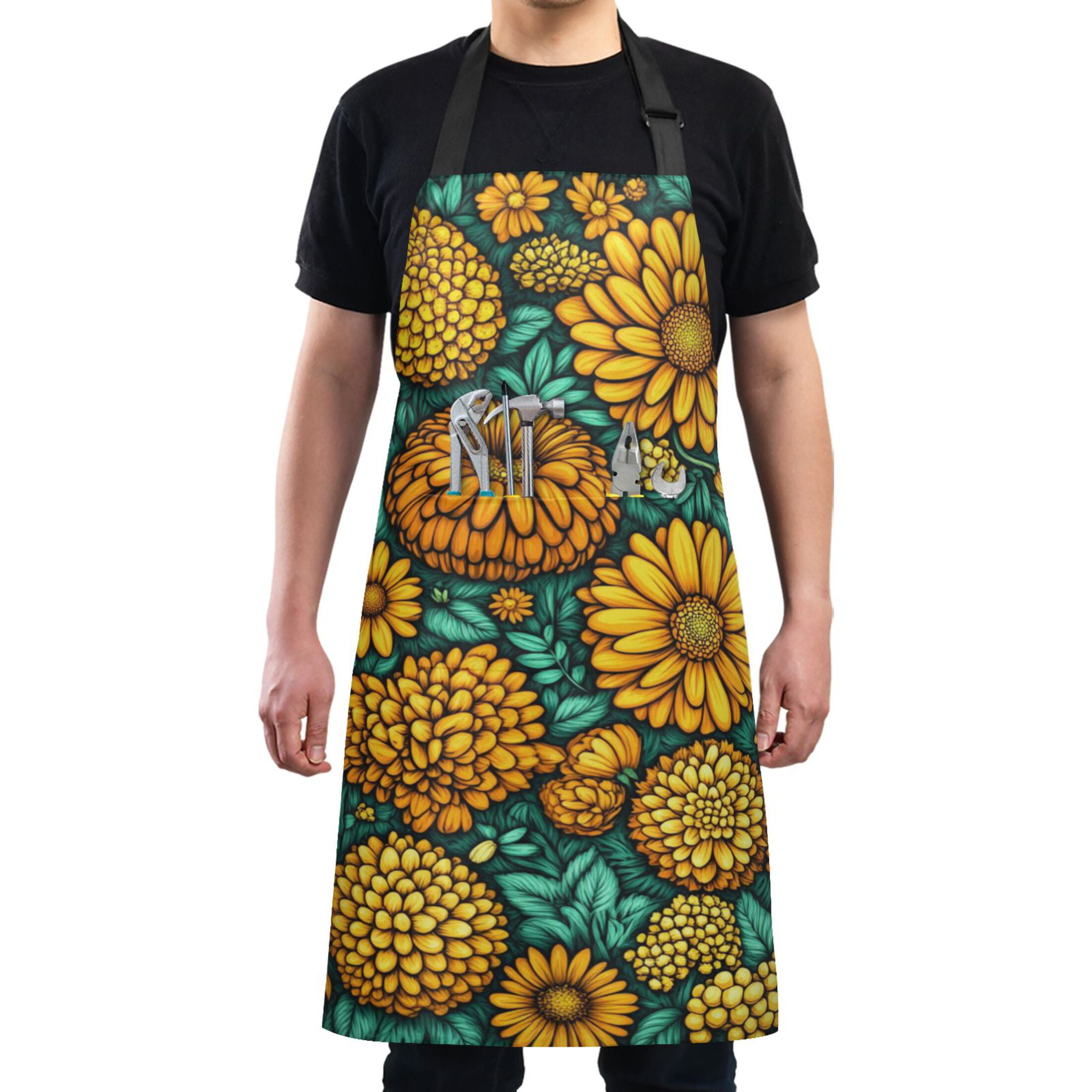 Bright Yellow Flowers Chef Kitchen Apron with Pockets for Women ...