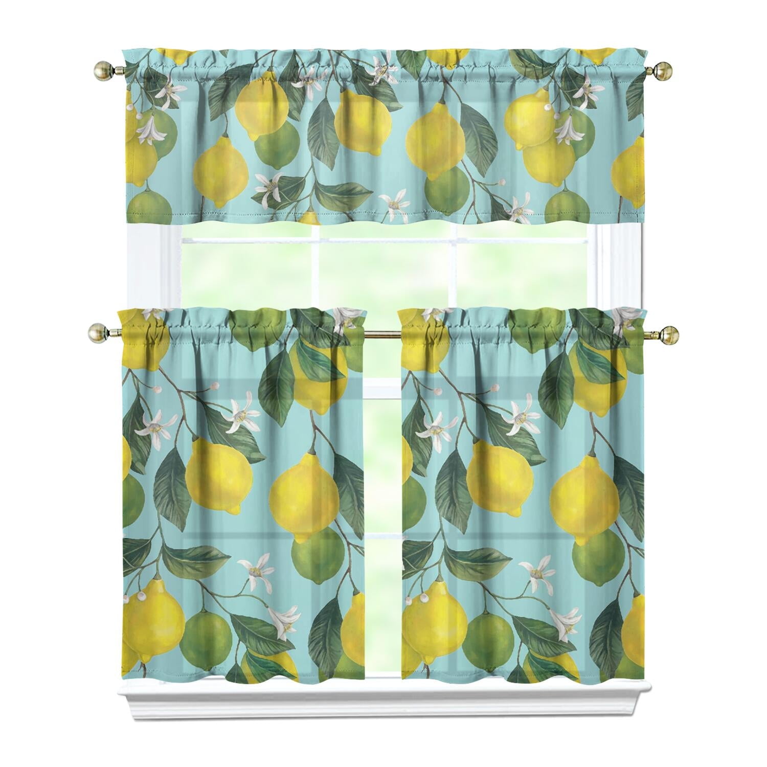Bright Yellow Lemon Kitchen Curtains - 3 PC Tier & Valance Set, Cute ...