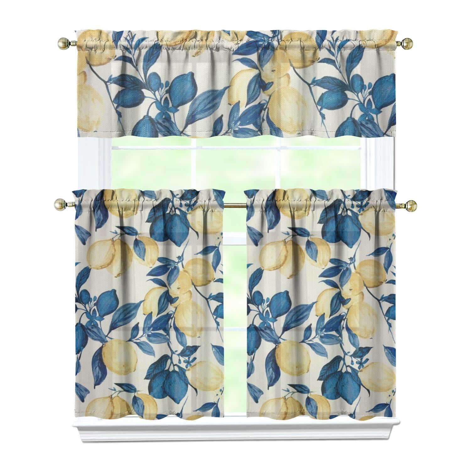 Bright Yellow Lemon Print Tier Curtains - 3 PC Floral Summer Fruit Window Treatment Panels ...