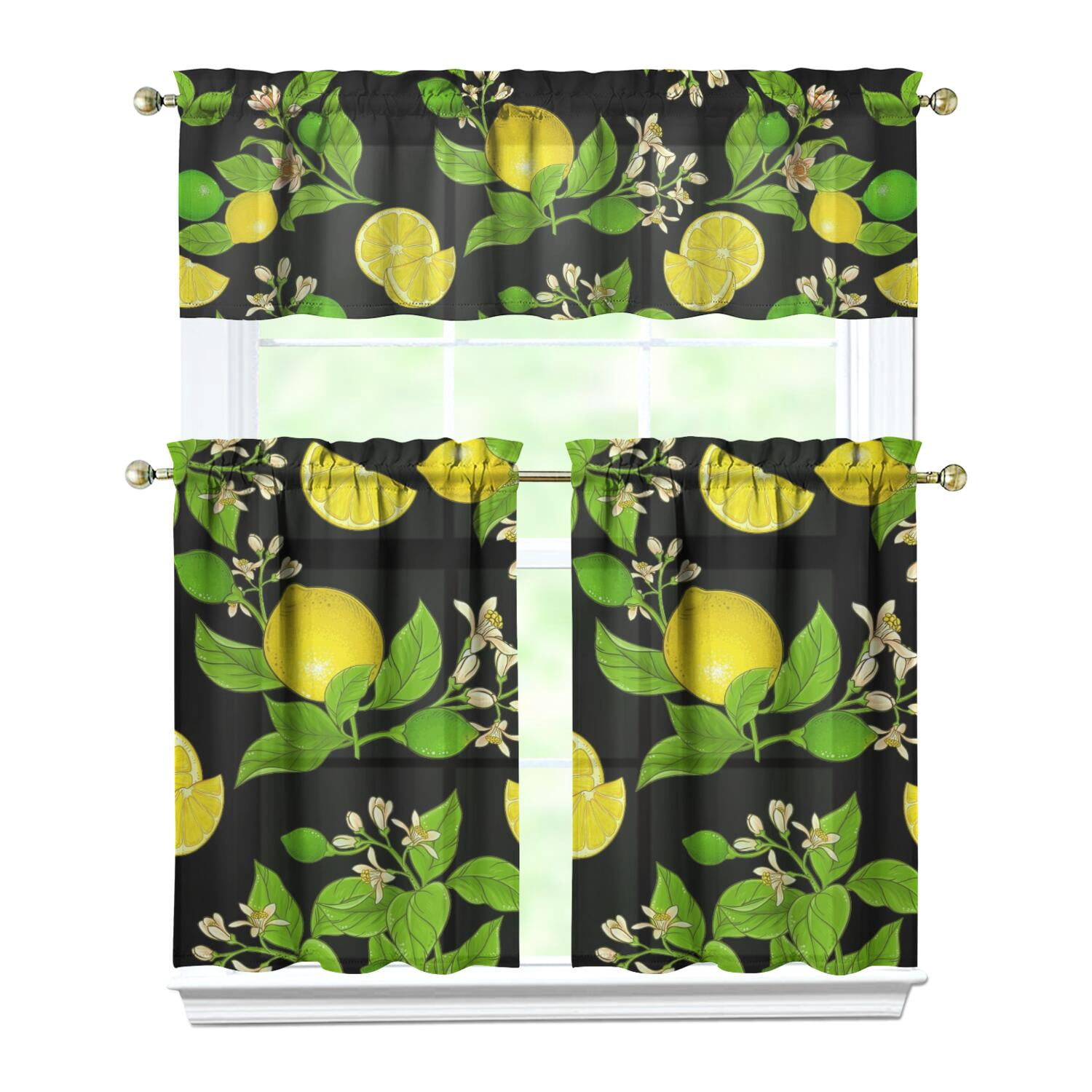 Bright Yellow Lemon Print Tier Curtains - 3 PC Floral Summer Fruit ...