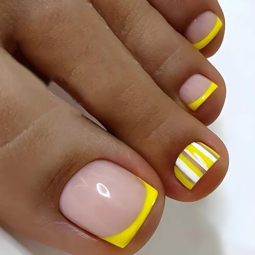 Bright Yellow Press on Toenails Glossy Fake Toe Nails Glue on Toenails ...