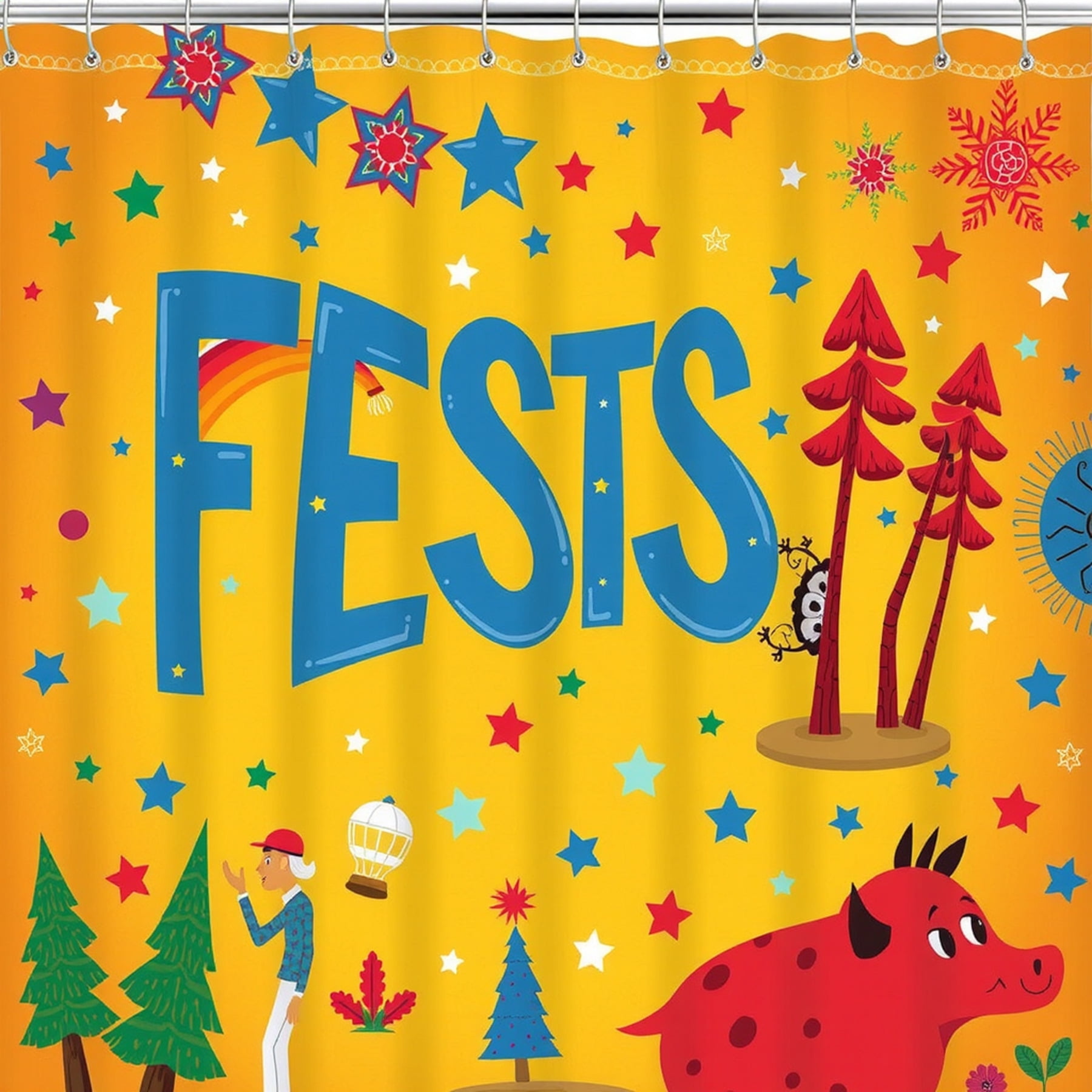 Bright Yellow Whimsical Shower Curtain with 'Fests' in Blue Colorful ...