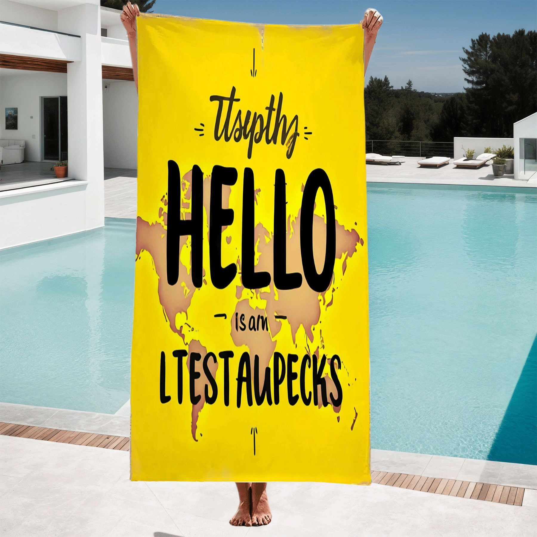 Bright Yellow World Map Beach Towel - Playful Handwritten Design ...