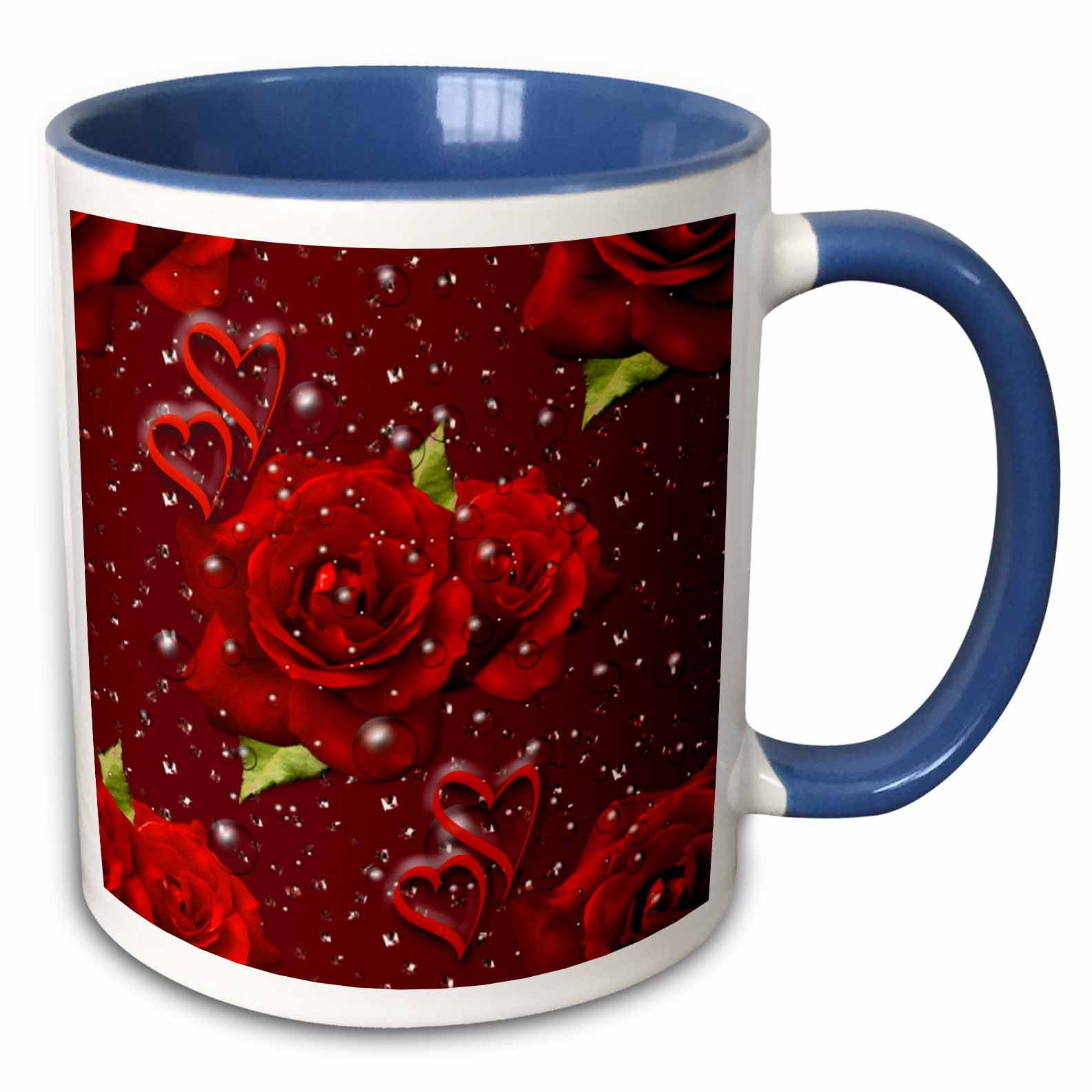 Bright red rose with heart frames and bubbles 15oz Two-Tone Blue Mug ...