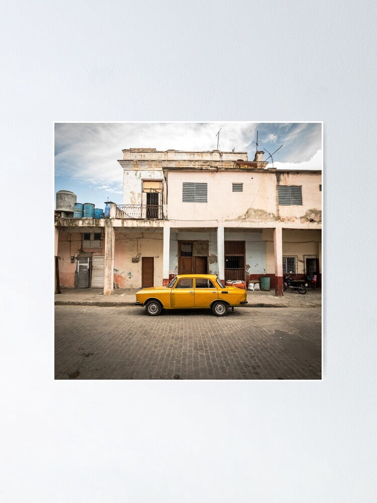 Bright yellow vintage car in La Havana, Cuba. Canvas Poster Decor ...