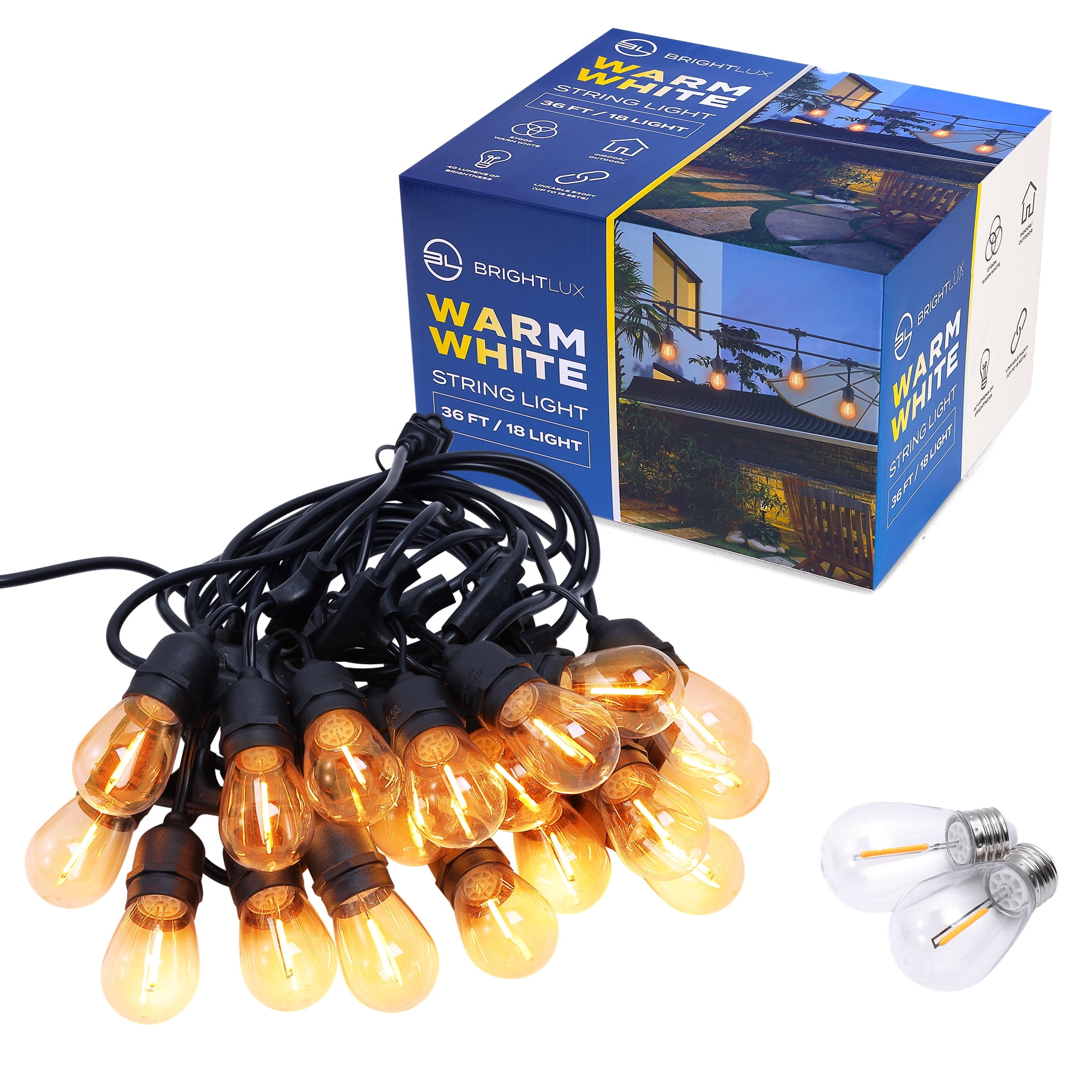 BrightLux 18ct LED 36ft Filament String Lights: ETL Listed, 2-Year ...