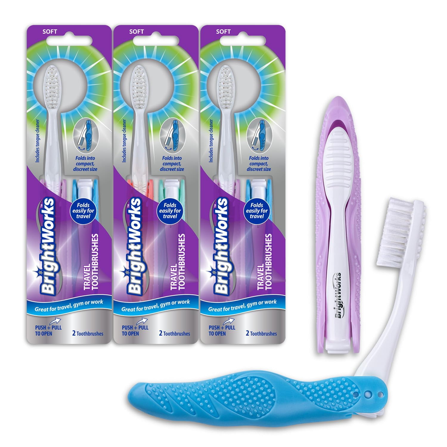 BrightWorks Folding Travel Toothbrush SSF20 (6 Total, 3 Sets of 2) with ...