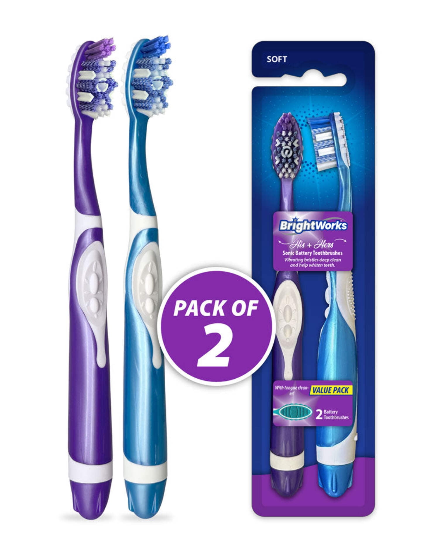 BrightWorks Sonic Battery Toothbrush Soft Bristles Tongue Cleaner - 2 ...