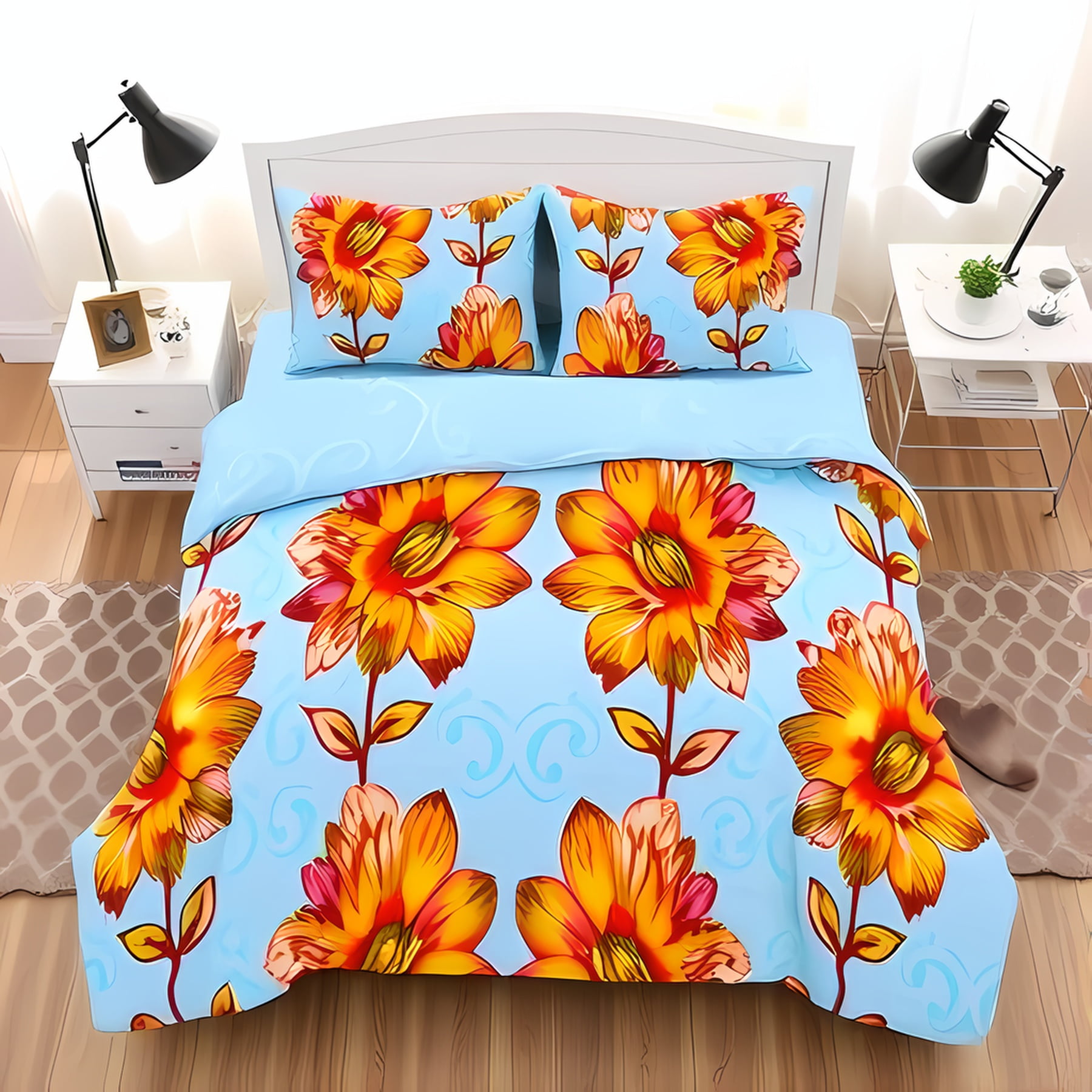 Brighten Your Bedroom with Our 3-Piece Light Blue Sunflower Duvet Cover ...