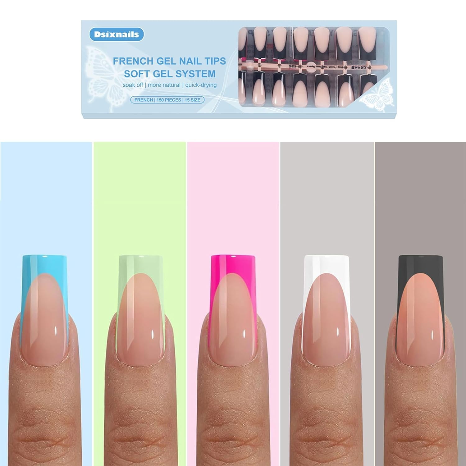 Brighter Long French Tip Nails for Women, 150pcs 5 Styles Colored ...