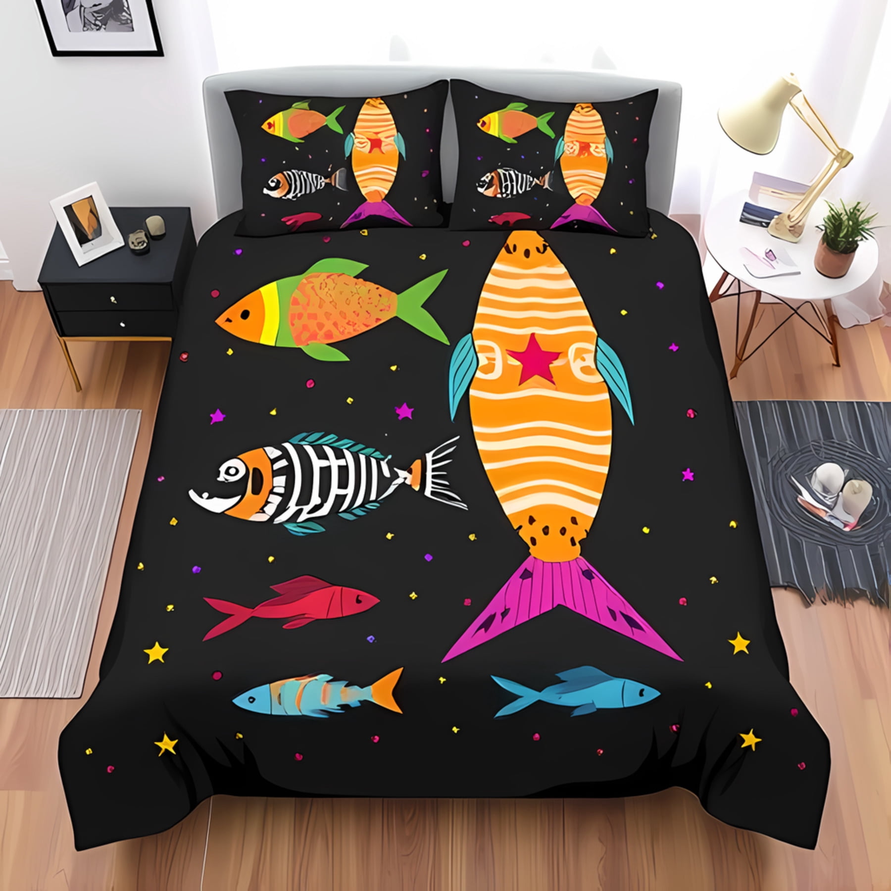 Brightly Colored 3-Piece Duvet Cover Set with Whimsical Fish Design on ...