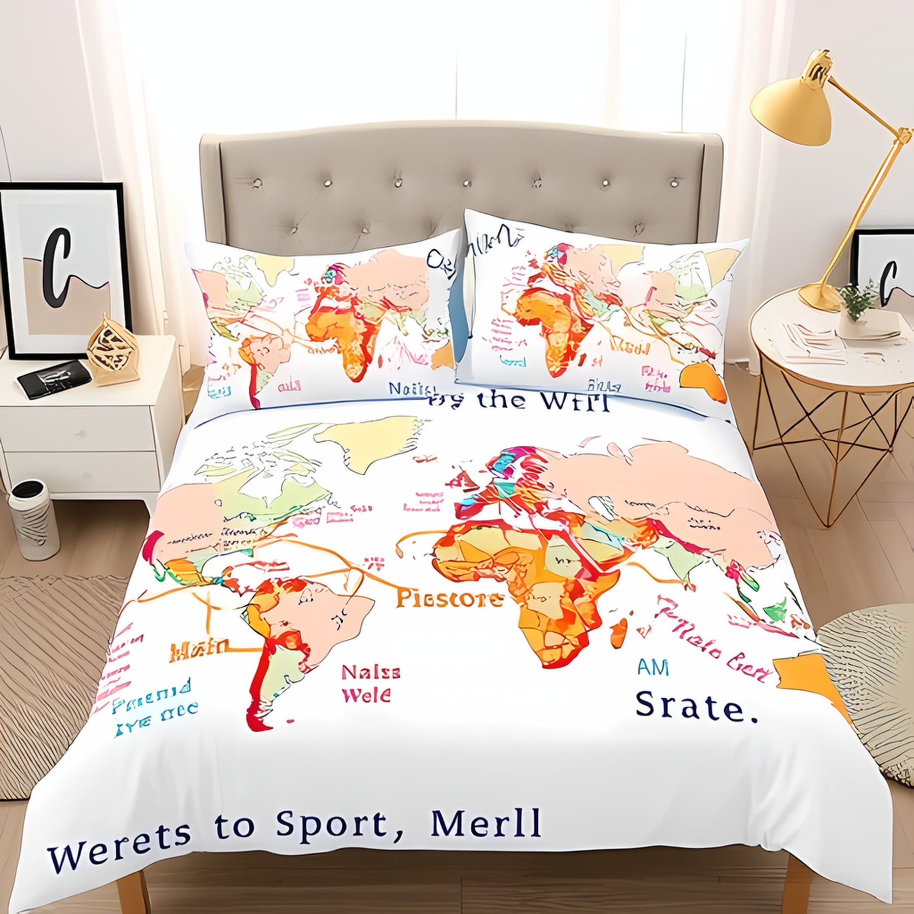 Brightly Colored 3-Piece World Map Duvet Cover & Pillowcase Set ...