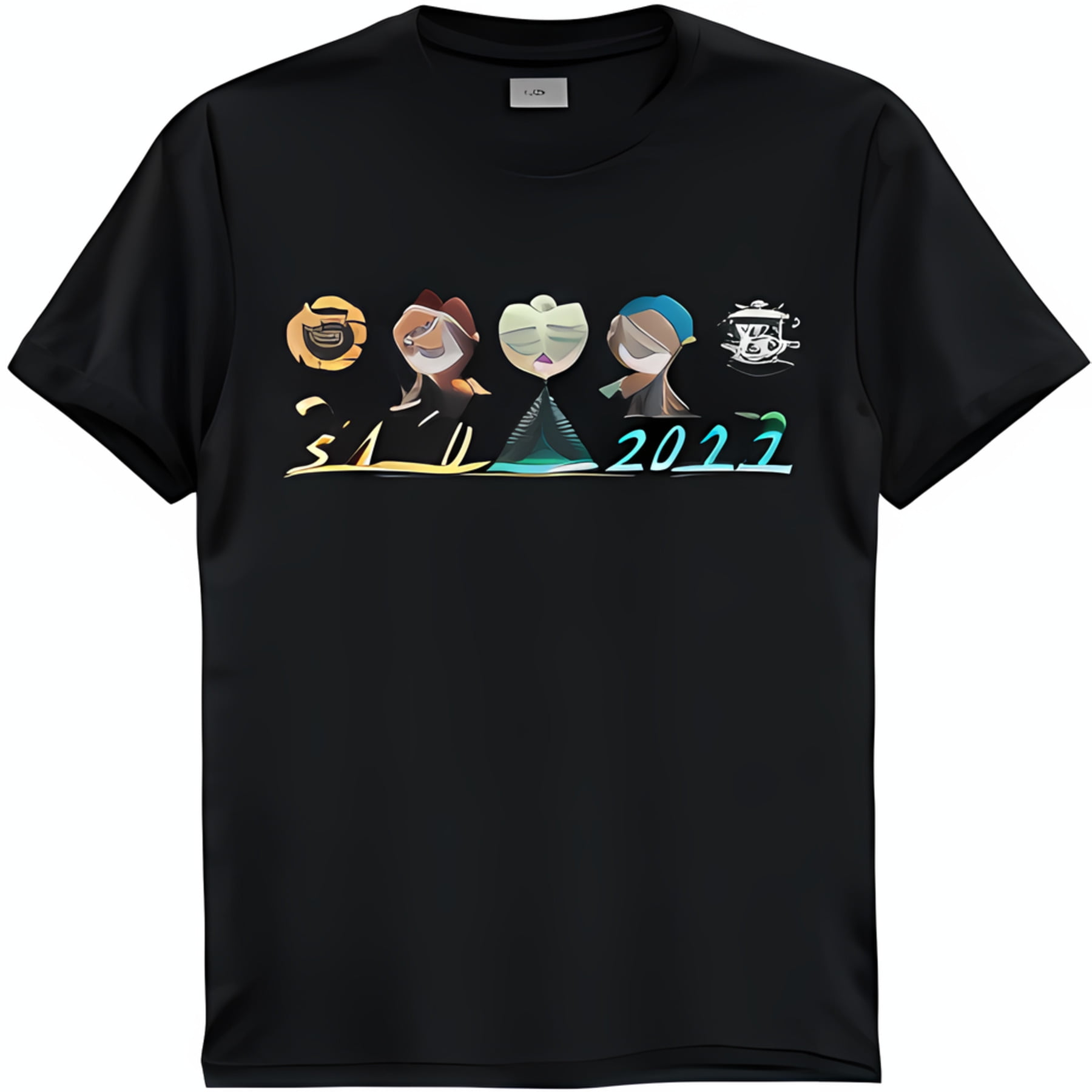 Brightly Colored Cartoon Characters T-Shirt Black Neck Tee with 5 ...