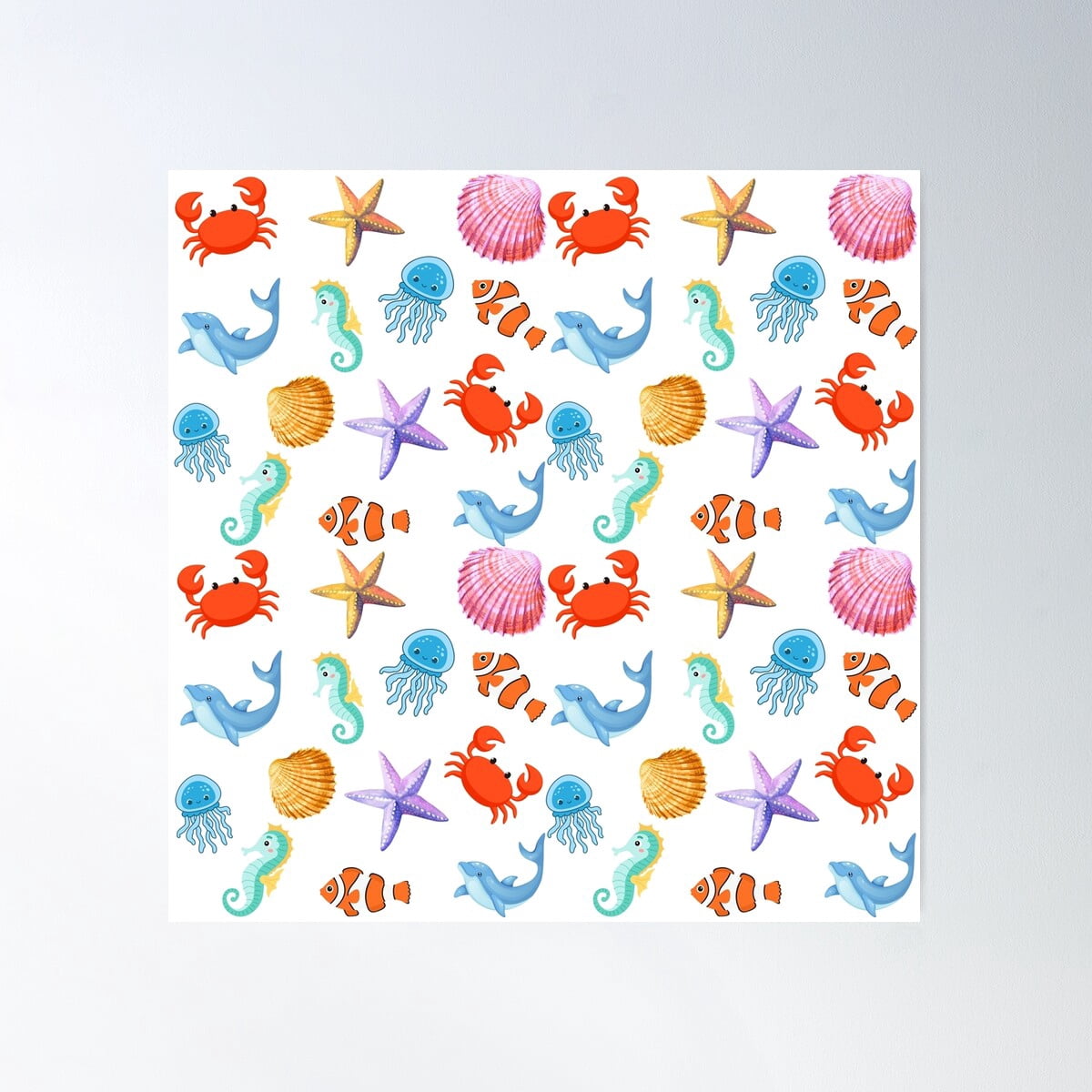Brightly Colored Ocean Animals In A Repeating Pattern Poster Wall Art ...