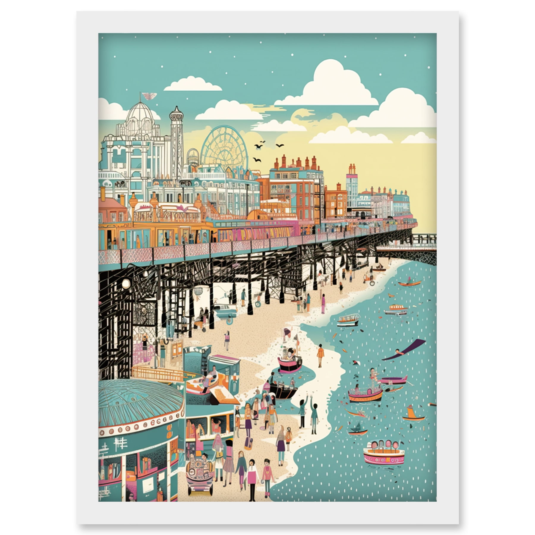 Brighton Beach Pier and Sandy Summer Scene Artwork Framed Wall Art ...