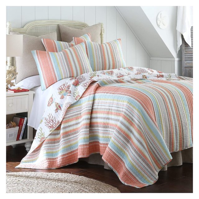 Brighton Coral Cotton Quilt Set Stripe Coastal - Walmart.com