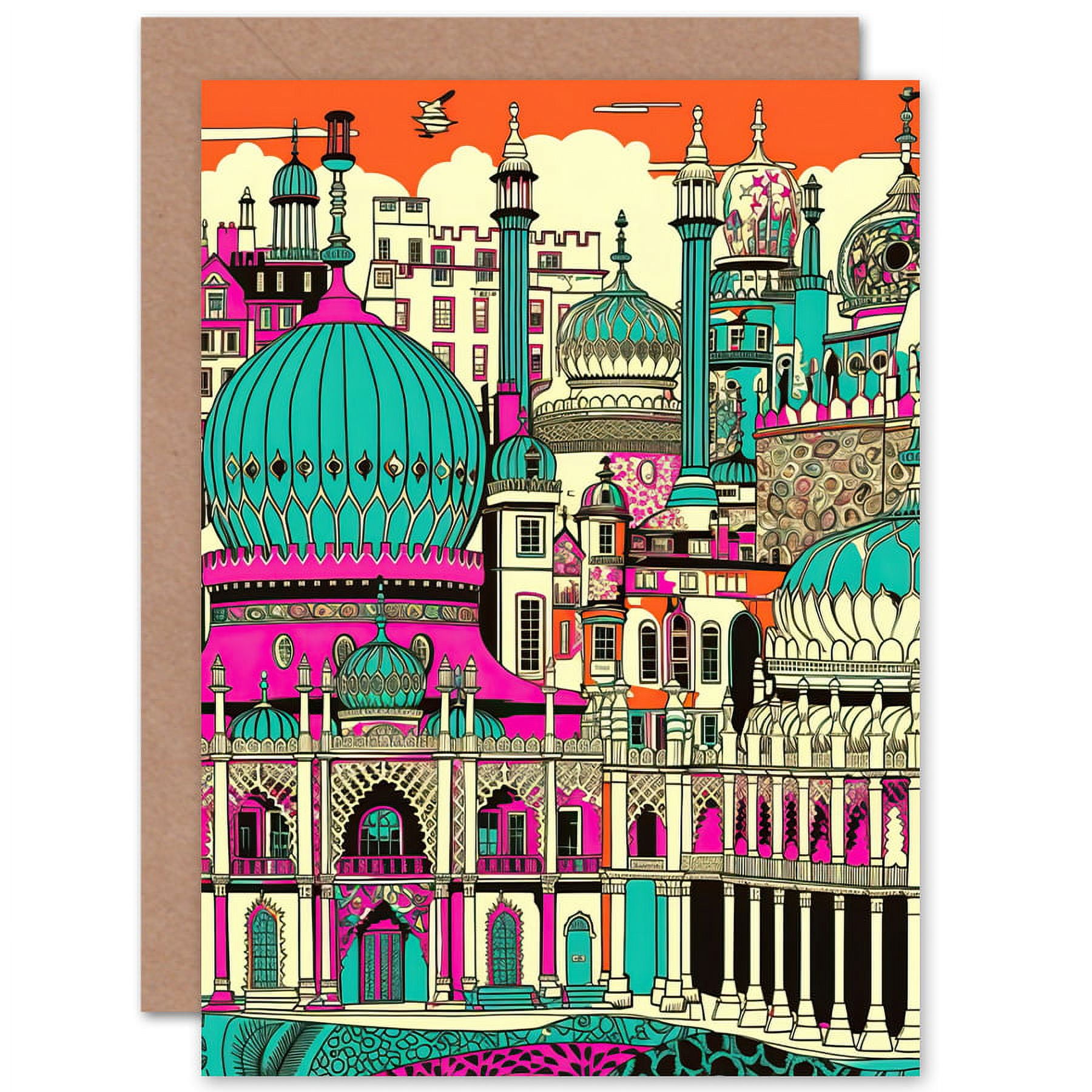 Brighton Royal Pavilion Palace Vibrant Linocut Travel Birthday Greeting ...