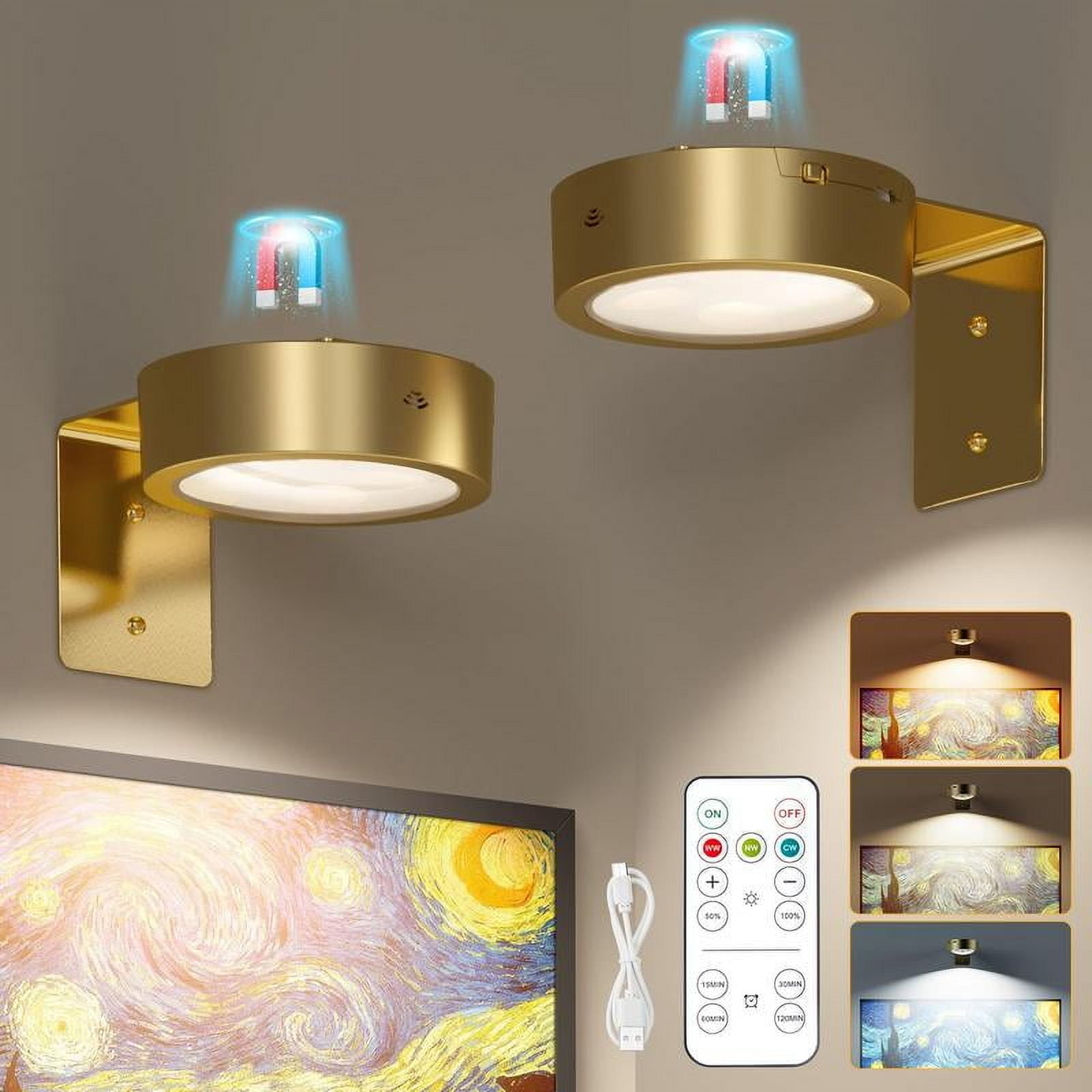 Brightown 3-Pack Picture Lights for Wall,Rechargeable Battery Operated ...