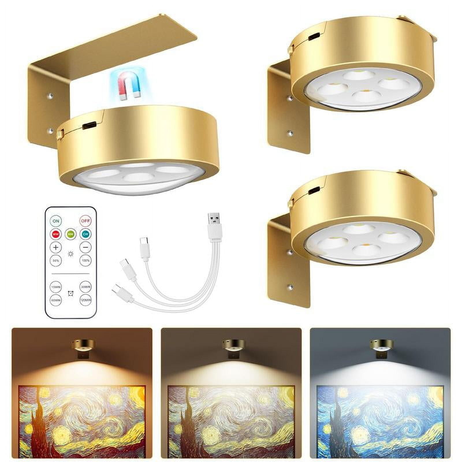 Brightown 3-Pack Picture Lights for Wall,Rechargeable Battery Operated ...