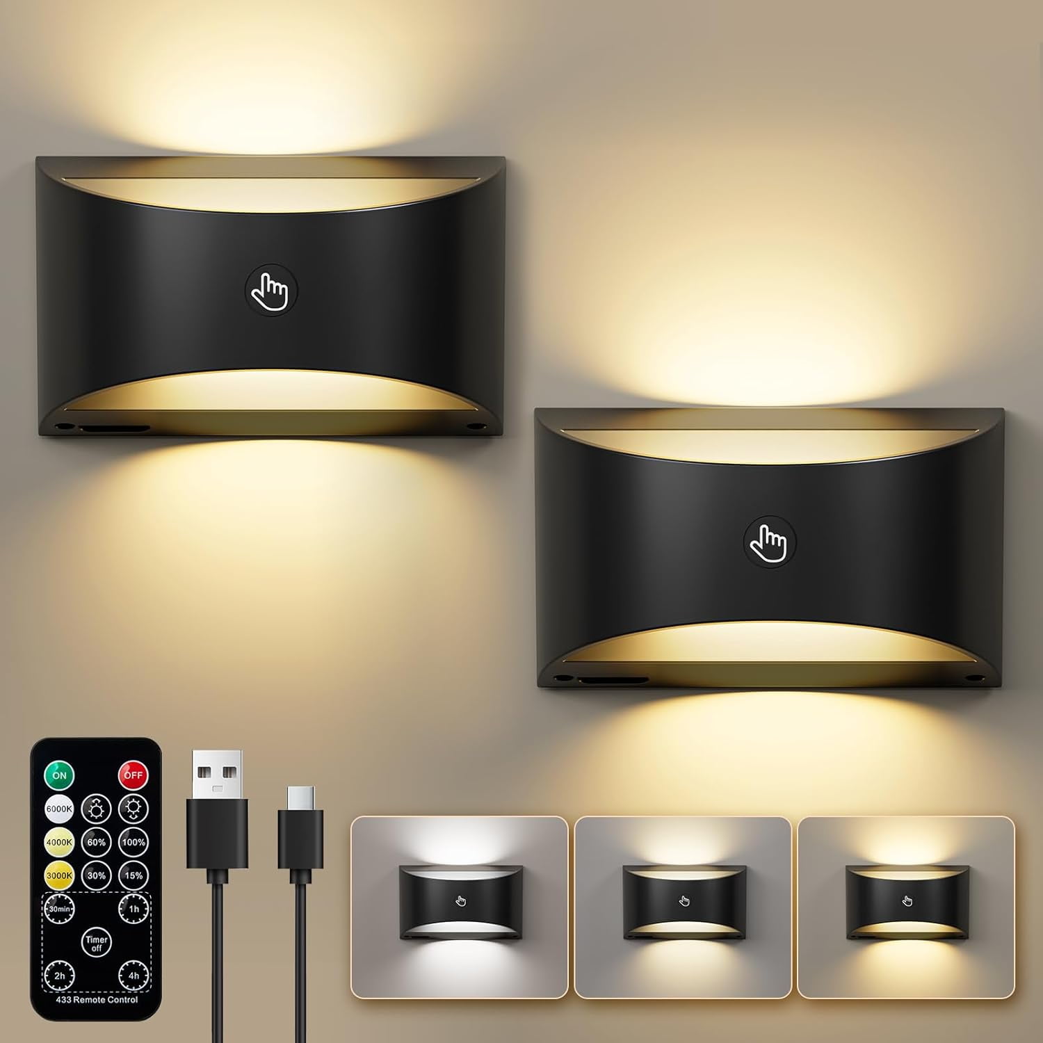 Brightown Magnetic Wall Sconces Set of Two, Rechargeable Battery ...