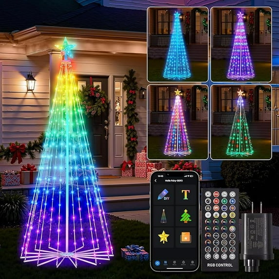 Brightown Smart Christmas Cone Tree LED Lights, 7.5ft 295 Music Sync ...