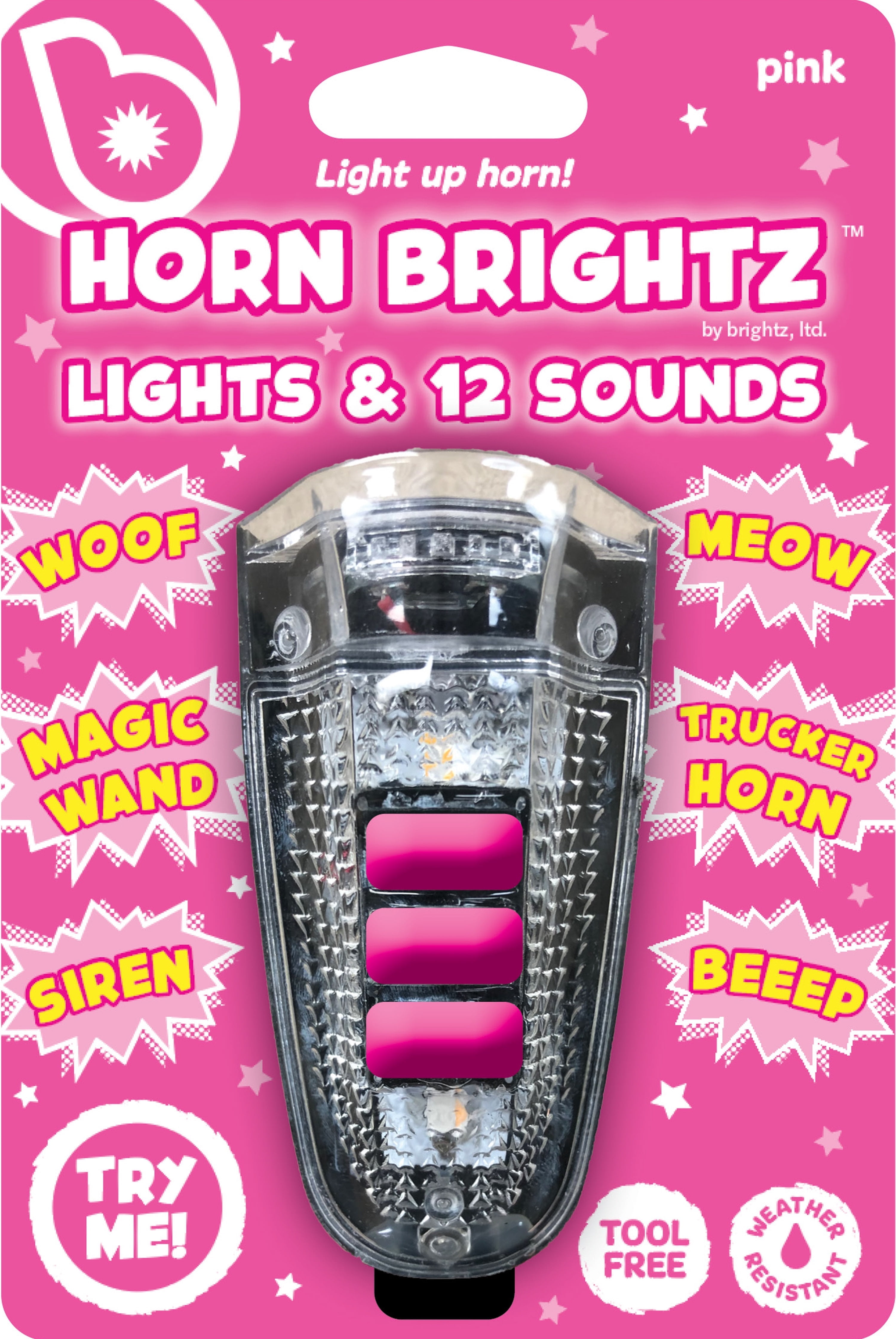 Brightz Pink Bicycle Horn with Color Morphing LEDs, 12 Fun Sounds, Easy ...