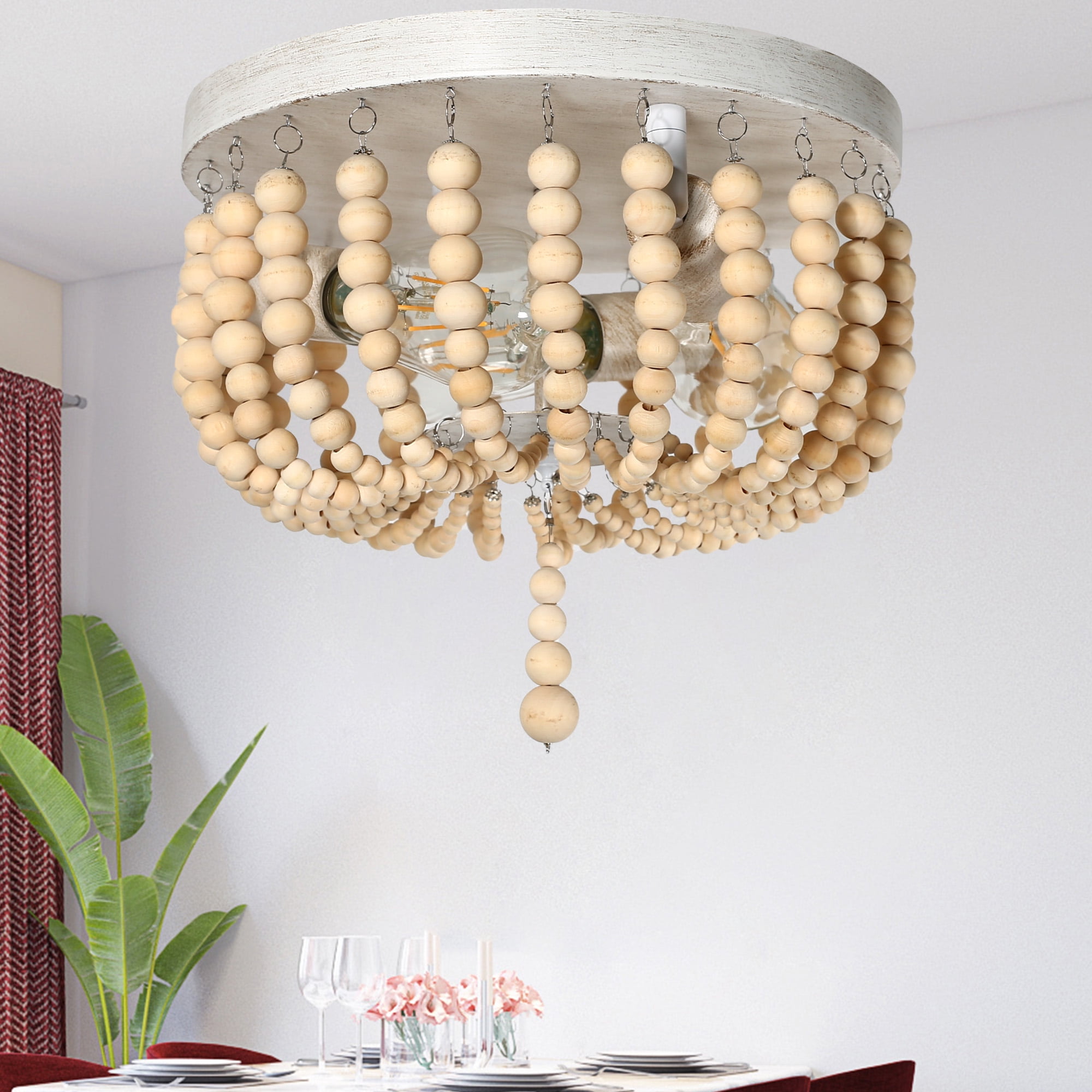 Brignite Bohemia Wood Beaded Flush Mount Ceiling Light Antique Rustic ...