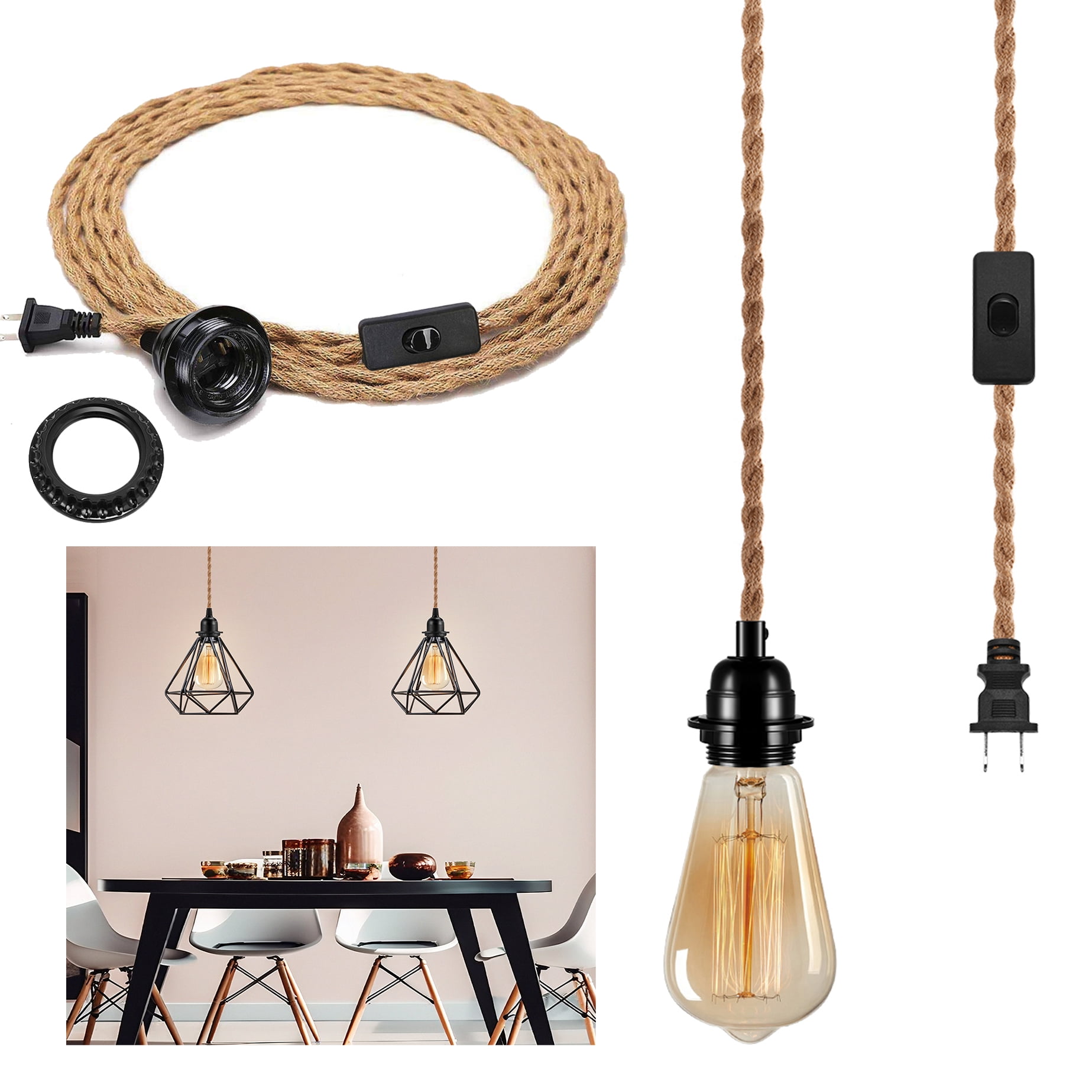 Briignite E26/E27 1-Light DIY Industrial Lamp Cable Cord Hanging Light ...