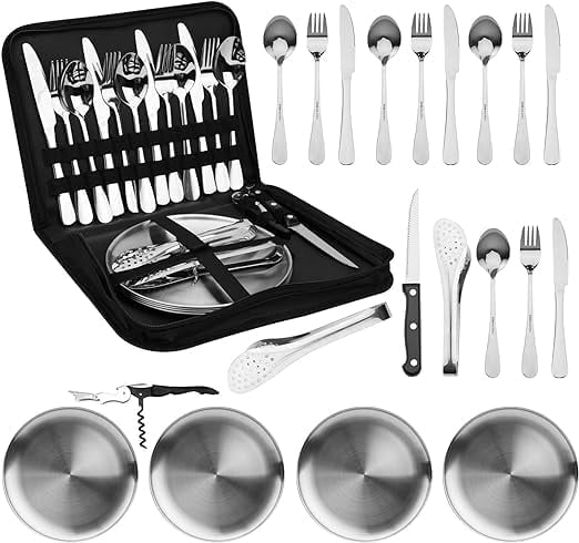 Brikipth Camping Silverware Set with Case 20 Pcs Stainless Steel Plates ...