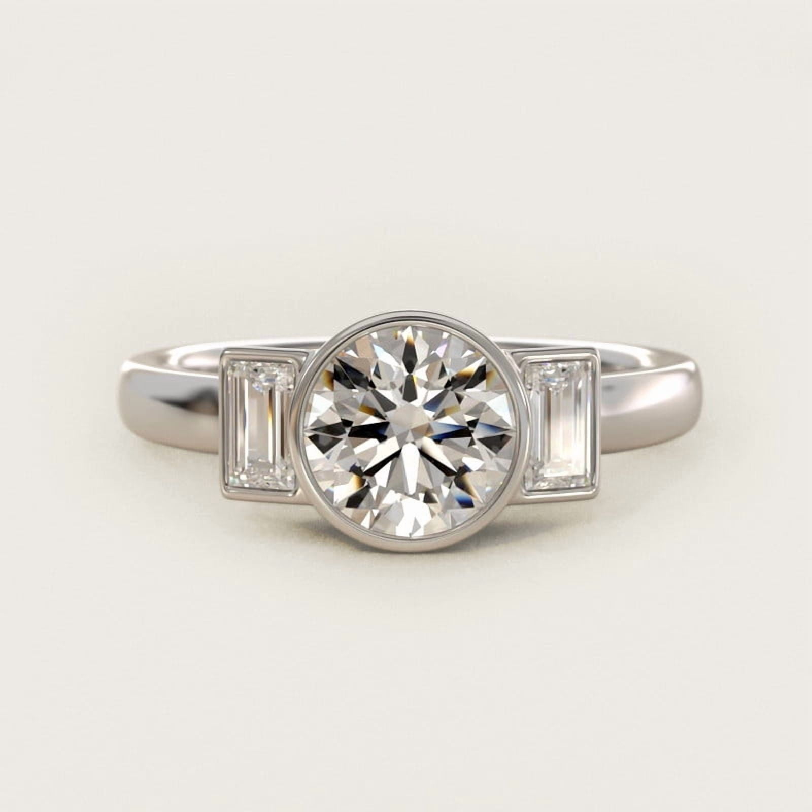 Brilliance Jewels 1 Ct Round & Baguette Cut Moissanite Bezel Set Ring ...