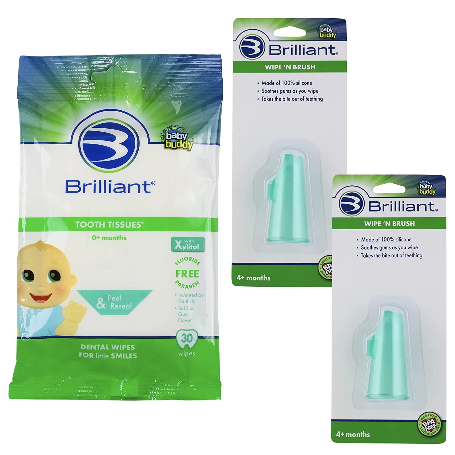 Brilliant Bundle: Xylitol Tooth Tissues 30, Silicone Wipe-N-Brush for ...