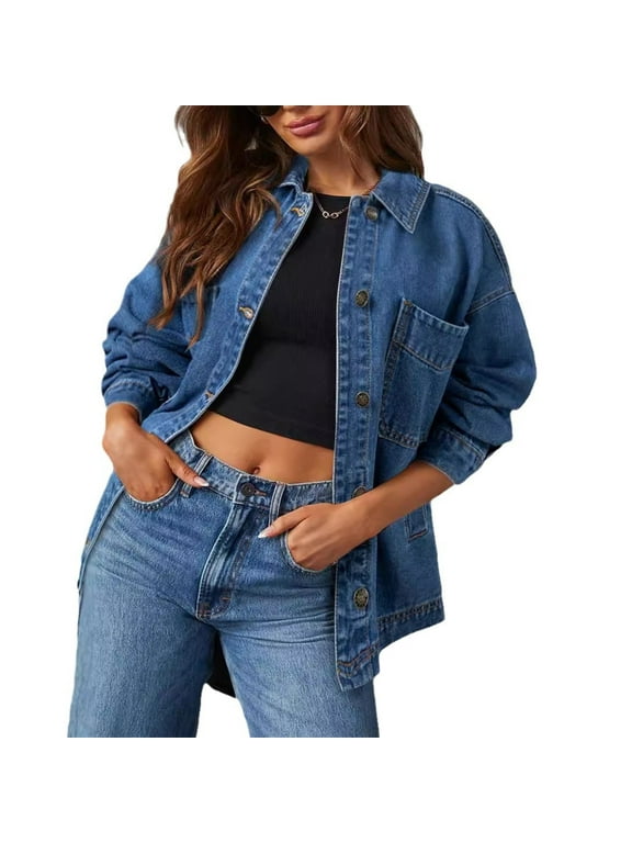 Levmjia Denim Jackets for Women Clearance Plus Size Women Denim Jacket Long Sleeve Slimming ...
