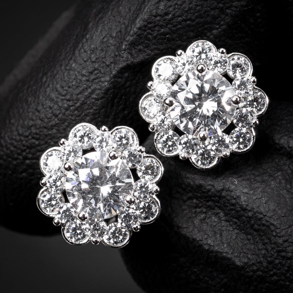 Brilliant Flower Cluster Halo Round 925 Sterling Silver White Gold ...